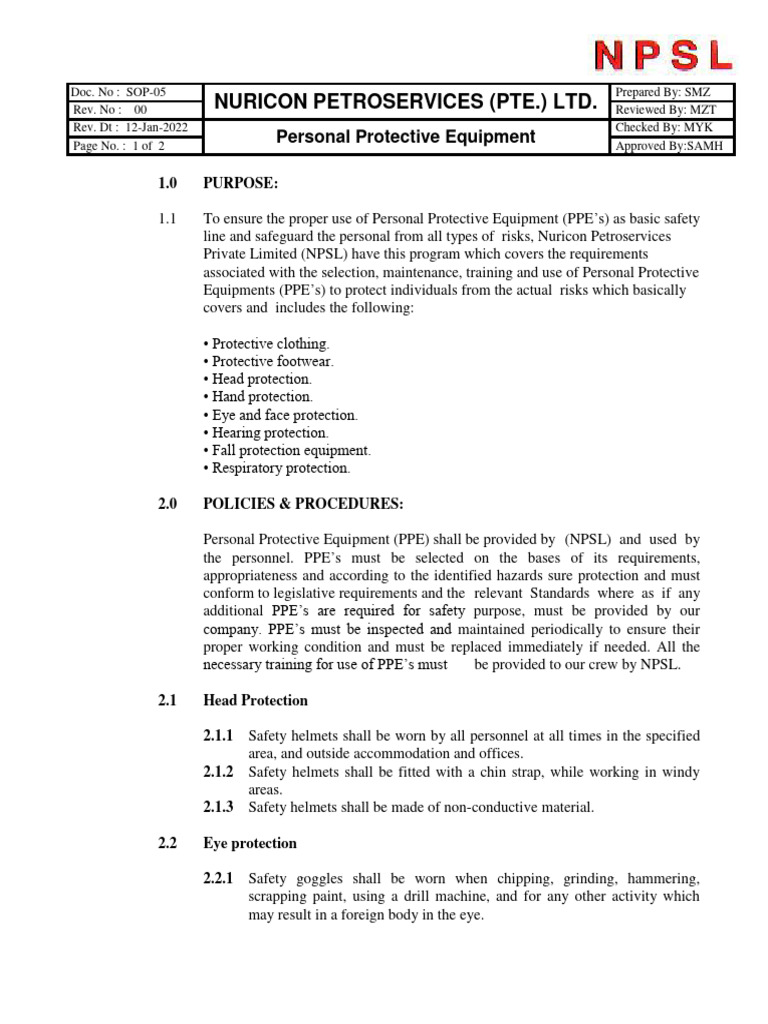SOP-05 For Personal Protective Equipments | Download Free PDF ...