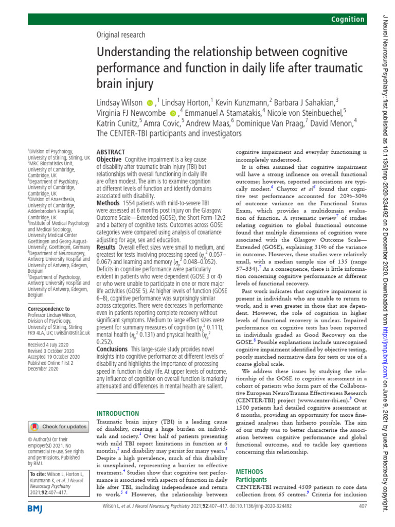 Understanding The Relationship Between Cognitive Performance and Function in Daily Life After ...