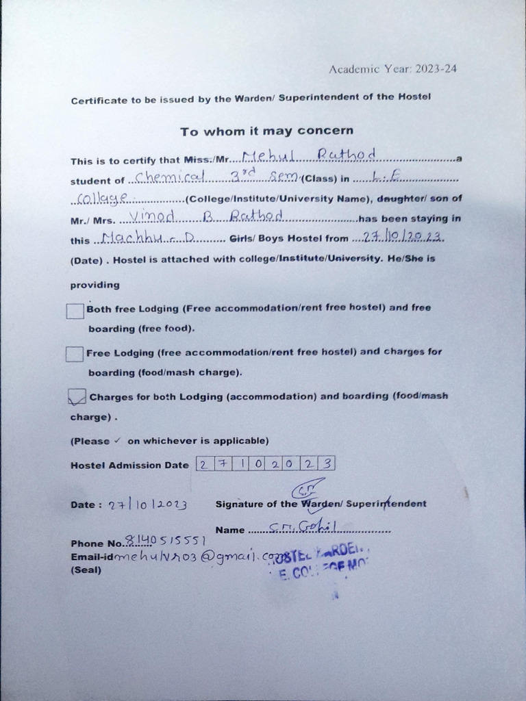 Hostel Certificate | PDF