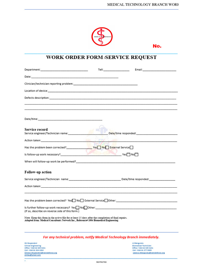 Request For Service | PDF | Biomedical Engineering | Health Care