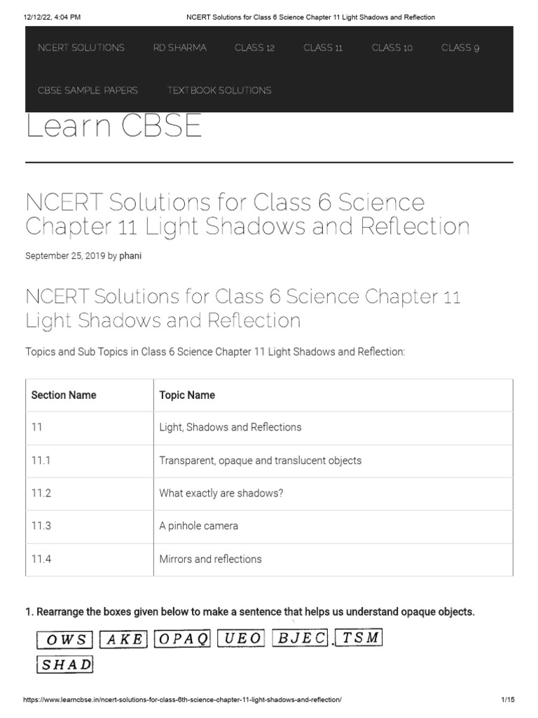 NCERT Solutions For Class 6 Science Chapter 11 Light Shadows and Reflection | PDF | Shadow | Mirror