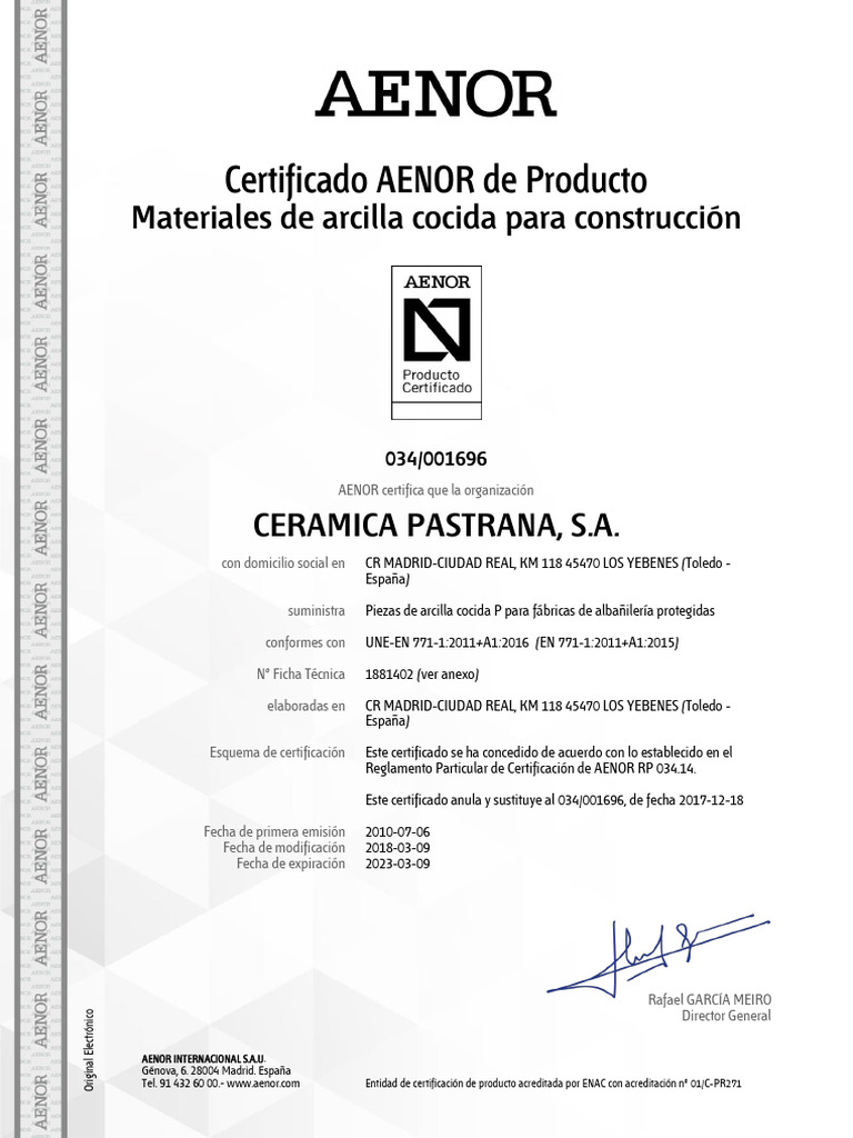 Certificado AENOR de Producto: Materiales de Arcilla Cocida para Construcción | PDF | Materiales