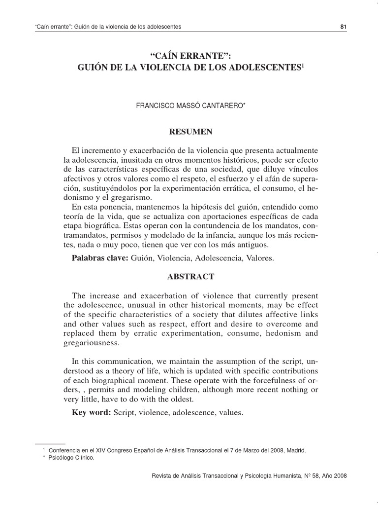 Cain Errante, Guion de La Violencia en Los Adolescentes | PDF ...