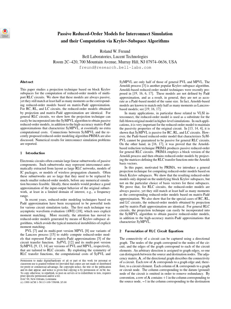 Freund - 2000 - Passive Reduced-Order Models For Interconnect Simulation | PDF