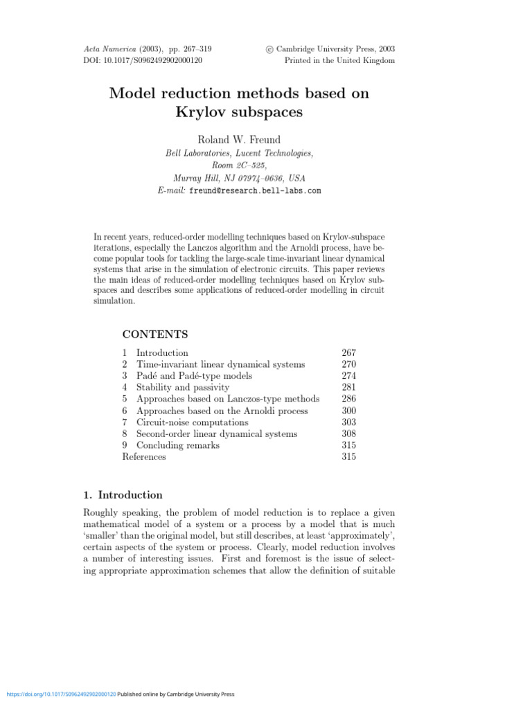 Freund - 2003 - Model Reduction Methods Based On Krylov Subspaces | PDF