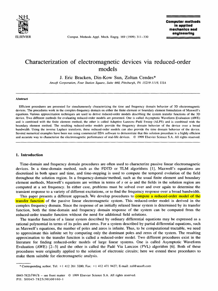 Bracken 1999 Characterization of Electromagnetic Devices Via Reduced Order Models | PDF