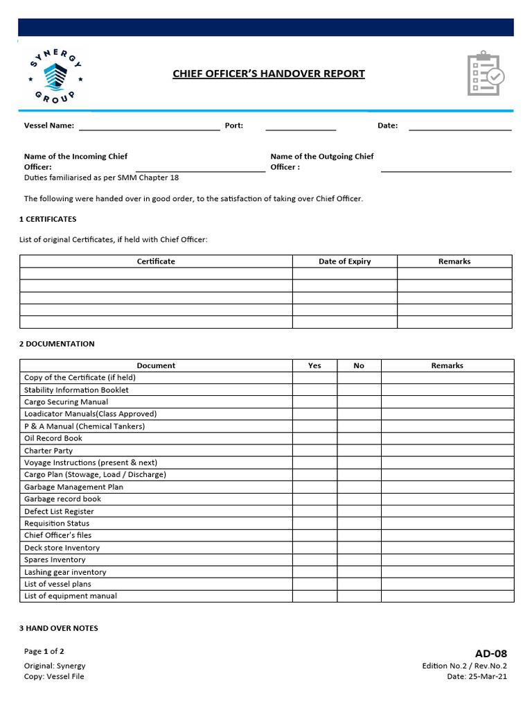 AD-08 Chief Officer Handing Over Report - Rev | PDF