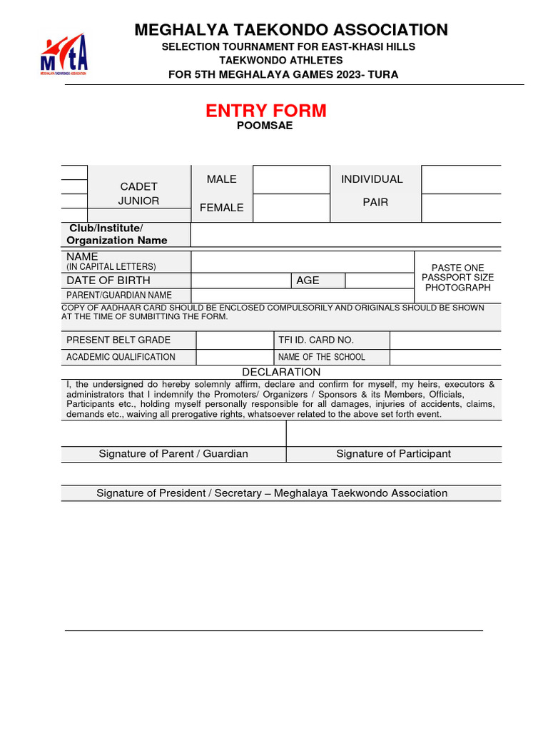Entry Form For Selcction For Meghalaya Games POOMSAE | PDF