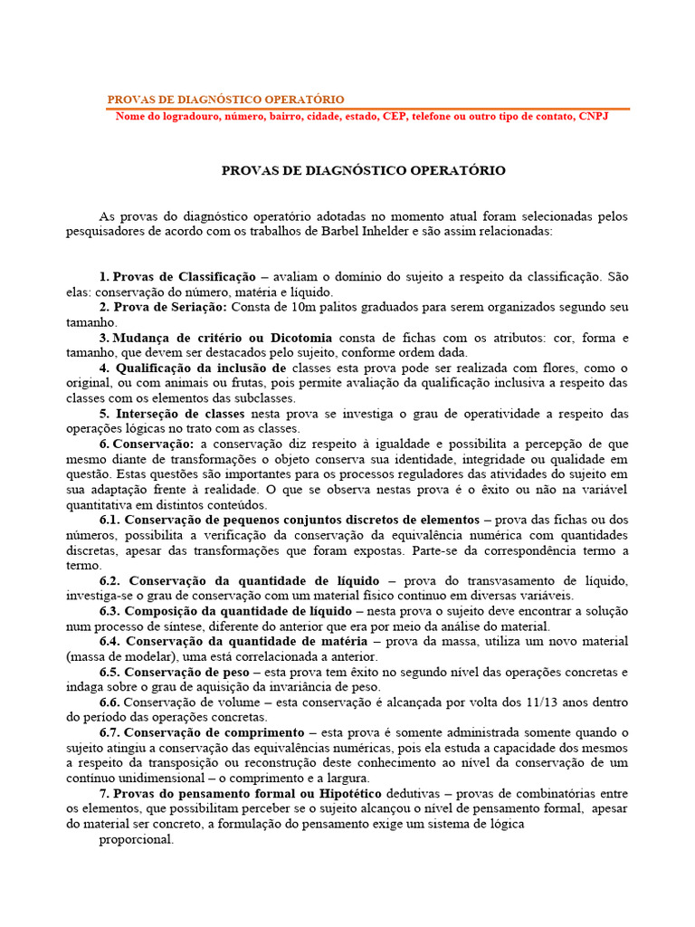 Modelo+de+Prova+de+Diagn Stico+operat Rio 2 | PDF | Massa | Pensamento