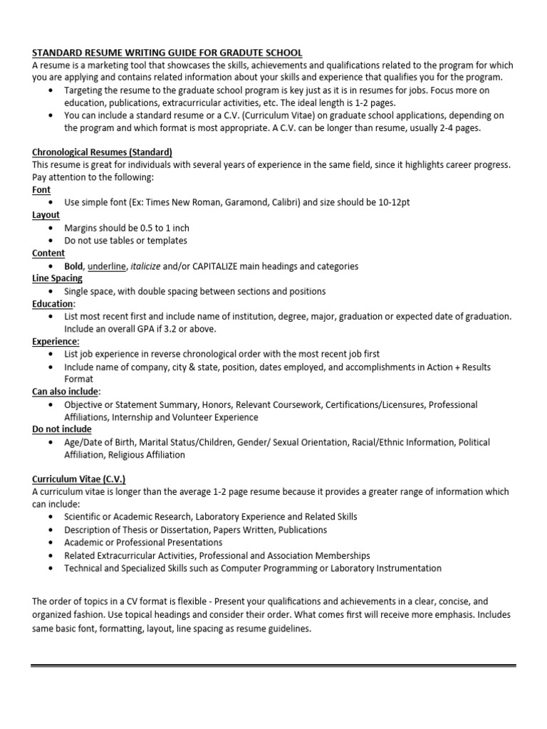 Standard Grad School Resume Guide | PDF | Résumé | Business