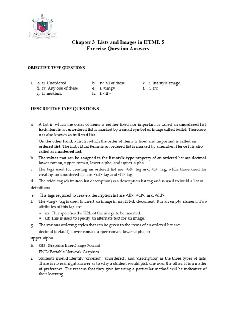 Chapter 3 Lists and Images in HTML 5-Excercise Answer | PDF