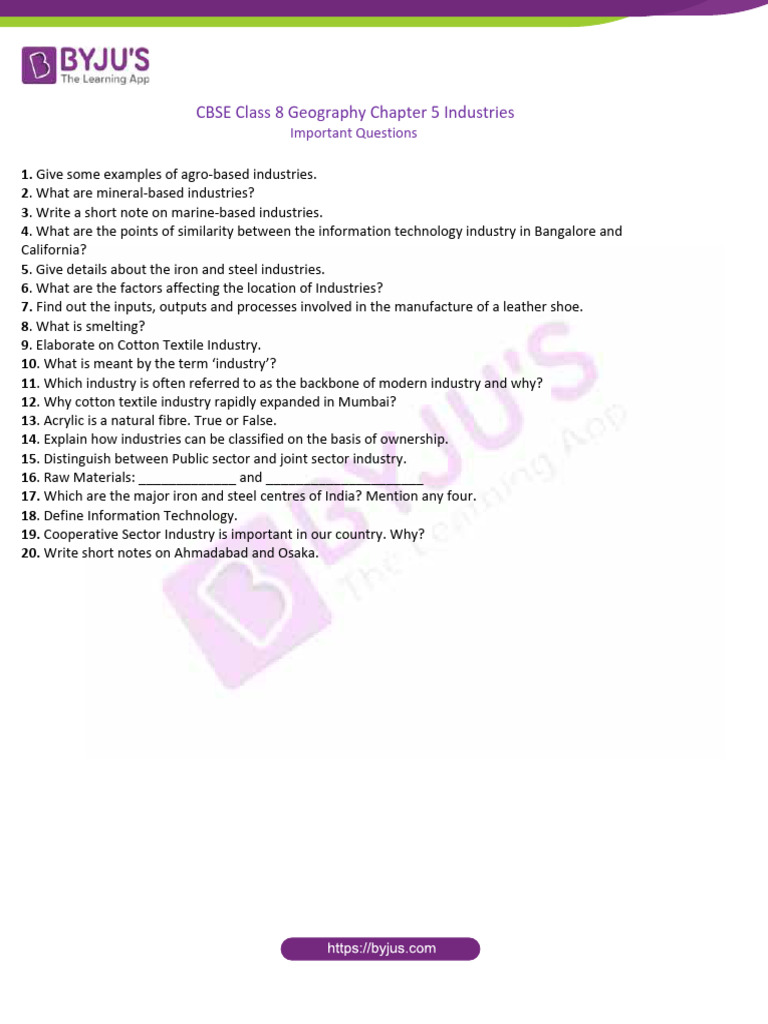 CBSE Class 8 Geography Chapter 5 Industries Important Questions | PDF ...