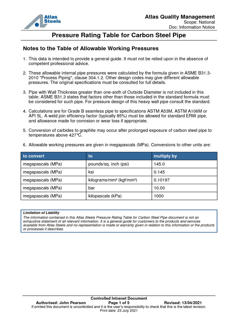 Pressure Rating Table For Carbon Steel Pipe 13-04-21 | PDF | Industrial ...