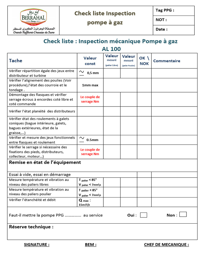Inspection annuelle des pompes à gaz | PDF