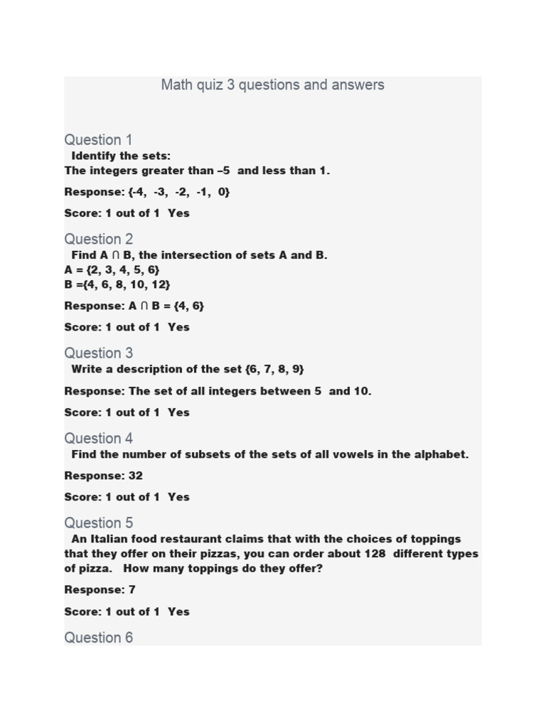 Math Quiz 3 Questions and Answers | PDF | Teaching Methods & Materials