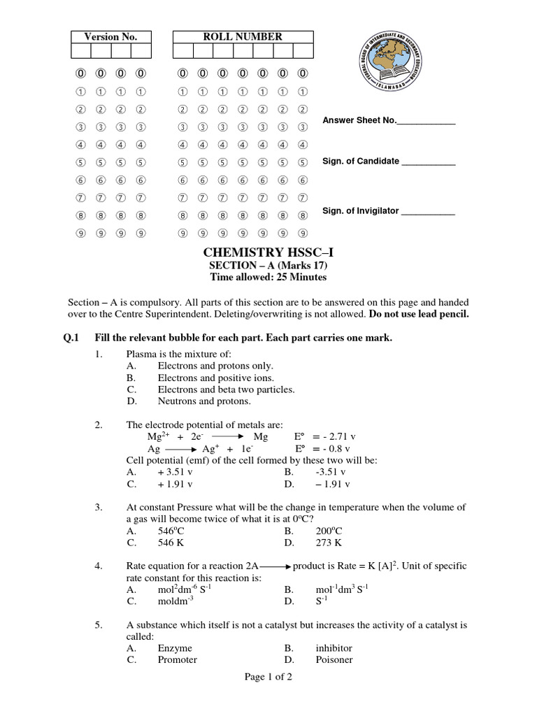 Final HSSC-I Chemistry Model Paper Merged | PDF | Science & Mathematics