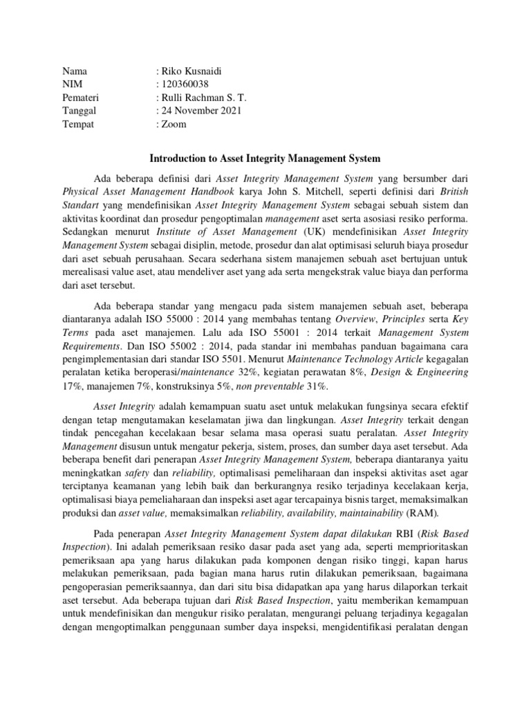 Riko Kusnaidi - 120360038 - Introduction To Asset Integrity Management ...