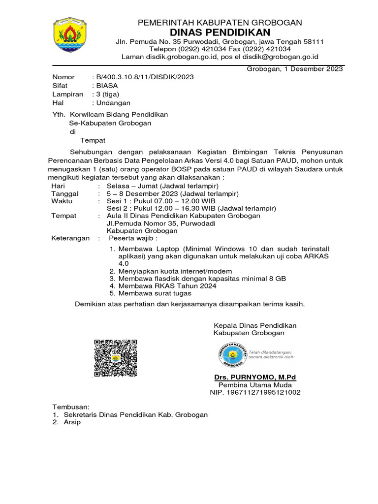 Undangan Peserta Bimtek ARKAS Versi 4.0 PAUD | PDF