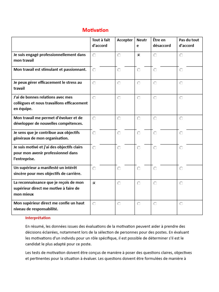 Évaluation de la motivation au travail | PDF