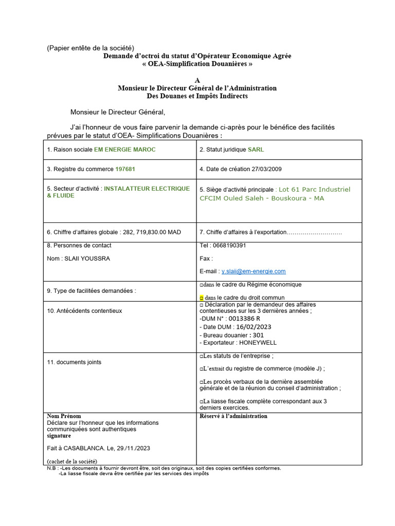 Modele Demande Statut Operateur Economique Agree | PDF