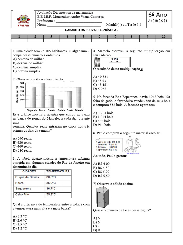 prova diagnostica de matemática 6º ano | PDF