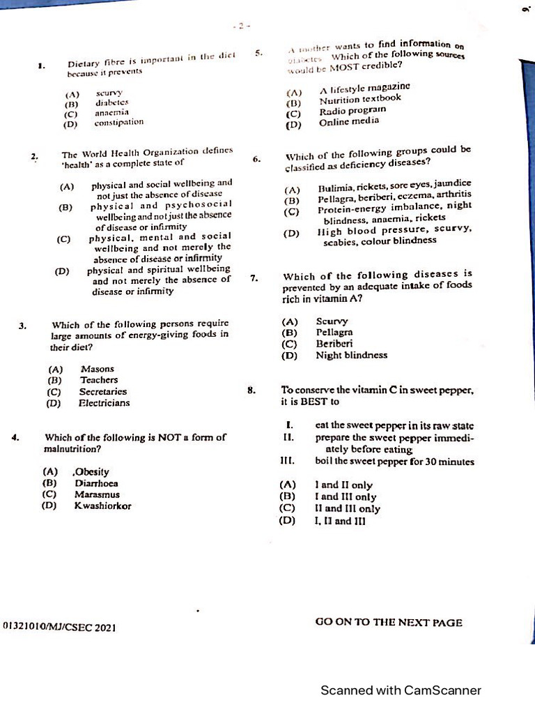 Csec FNH P1 2021 | PDF