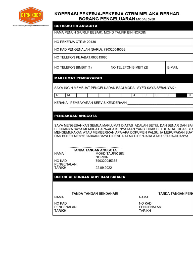 Borang Pengeluaran Syer Koop New | PDF