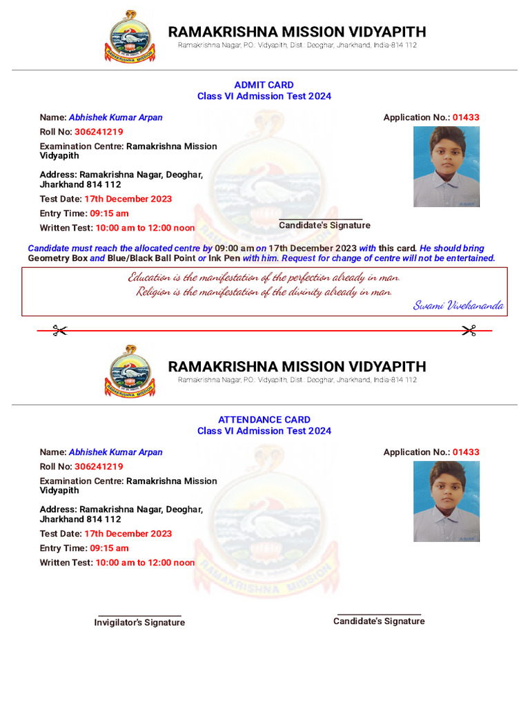 RKM Class VI Admit Card | PDF