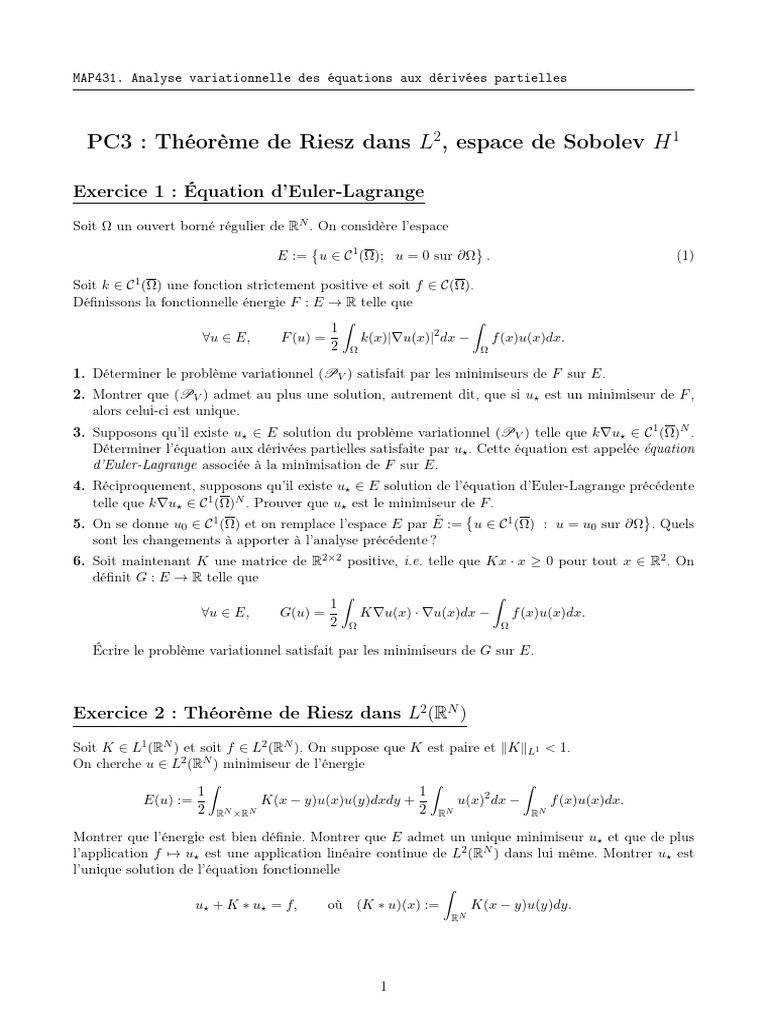 PC3: Théorème de Riesz Dans L, Espace de Sobolev H: Exercice 1 ...