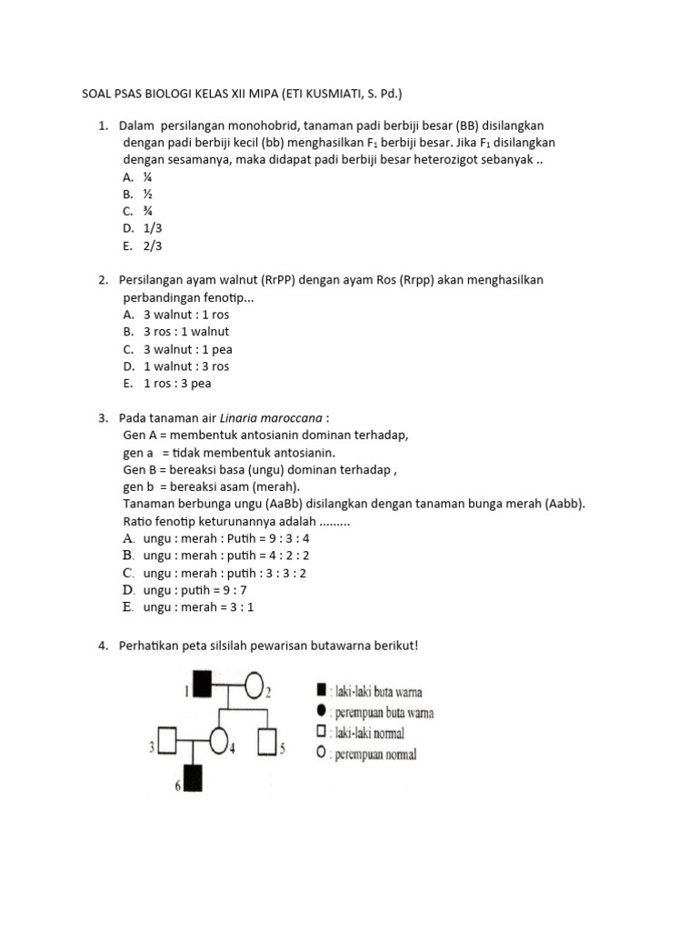 SOAL PSAS BIOLOGI KELAS XII MIPA 2023 Sem Ganjil | PDF