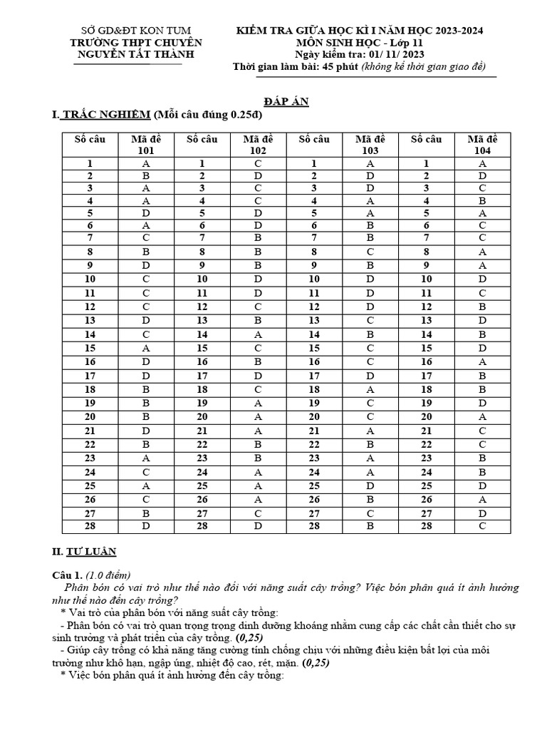 Đáp Án Gi A Hki | PDF