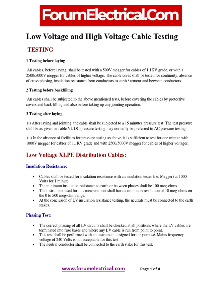 Low Voltage and High Voltage Cable Testing 1700529056 | PDF | Insulator ...