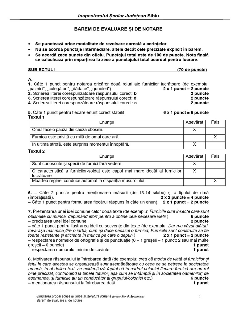 Barem ENVIII 2024 Romana Simulare Liric | PDF