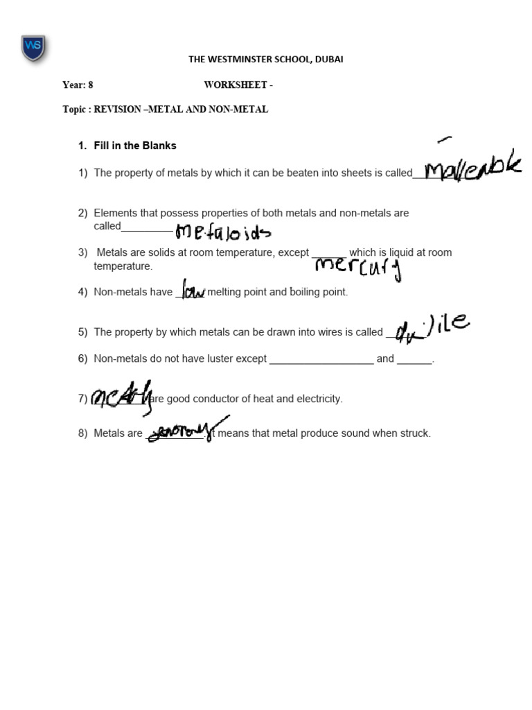 Metal and Non - Metals Worksheet Sci Yr8 | PDF | Metals | Ductility