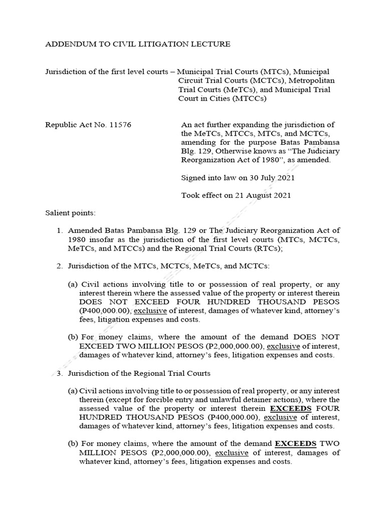 Addendum To Civil Lit Lecture | PDF | Public Law | Justice