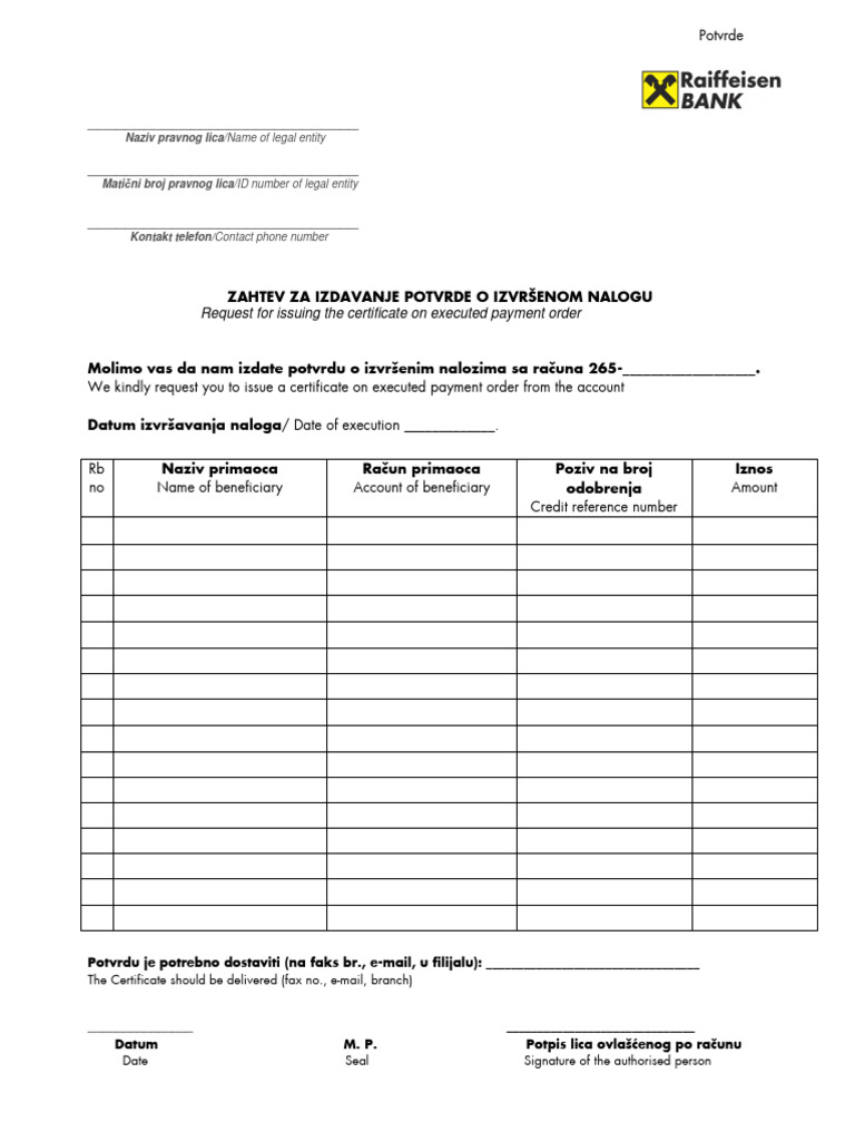 Zahtev Za Izdavanje Potvrde o Izvrsenom Nalogu | PDF