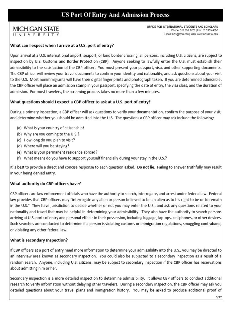 US Port of Entry and Admission Process | PDF | U.S. Customs And Border ...