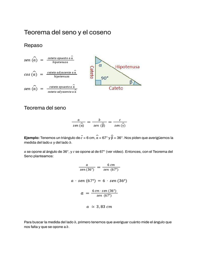Teorema del seno y el coseno | PDF | Funciones trigonométricas | Triángulo
