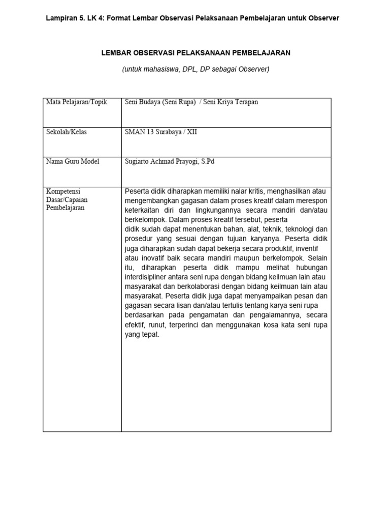 01.05.6-B4-14 Unggah LK 4 - Lembar Observasi Pembelajaran - Siklus 3 | PDF