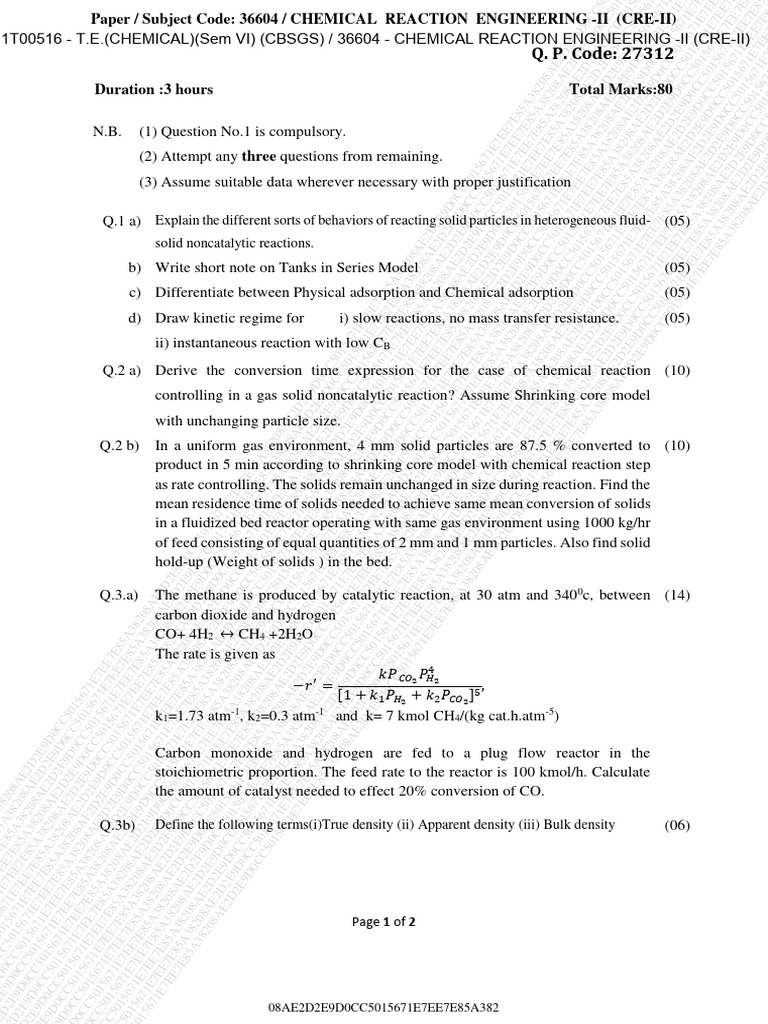 1t00516 - t.e.(Chemical)(Sem Vi) (Cbsgs) 36604 - Chemical Reaction Engineering -II (Cre-II) | PDF