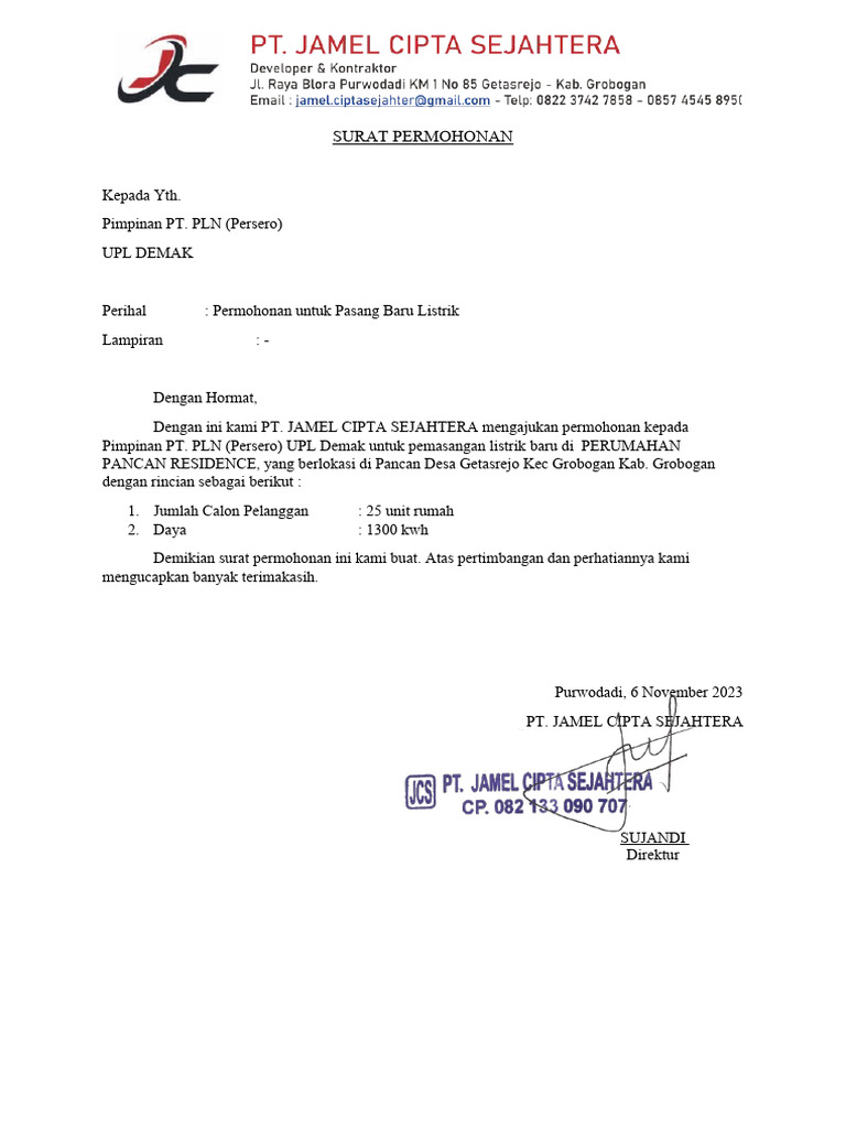 Surat Permohonan - PLN | PDF