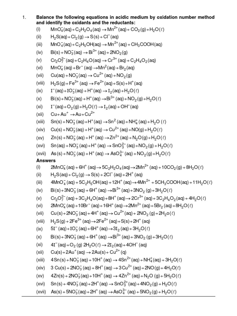 Balancing Redox Reactions Worksheet | PDF | Redox | Manganese