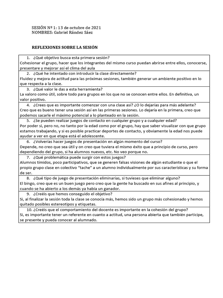 Reflexión - Sesión - 1 - Didáctica Gabriel Rández | PDF
