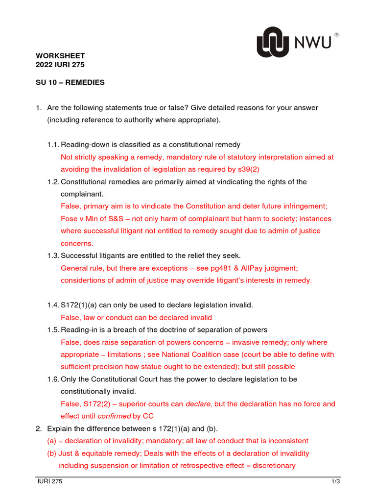 Worksheet 10 Memo - Su10 - 2022 | PDF | Legal Remedy | Lawsuit