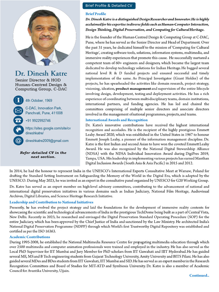 Dr. Dinesh Katre CV Final Aug 2023 | PDF | Computing