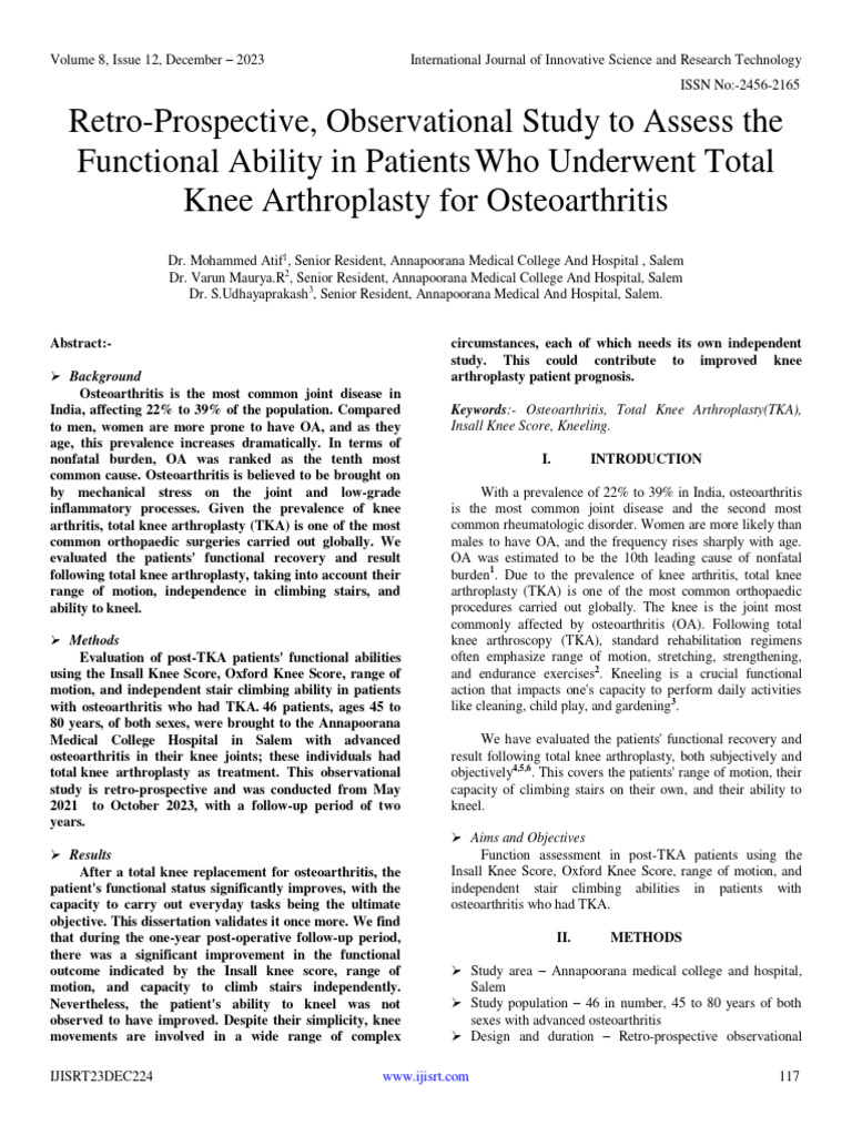 Retro-Prospective, Observational Study To Assess The Functional Ability ...