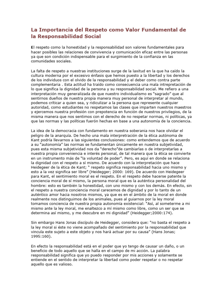 La Importancia Del Respeto Como Valor Fundamental de La Responsabilidad ...