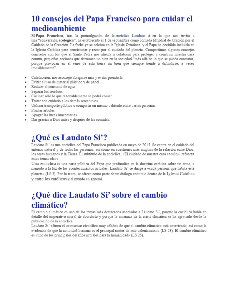 10 Consejos Del Papa Francisco para Cuidar El Medioambiente | PDF | Salud y bienestar | Ciencia ...