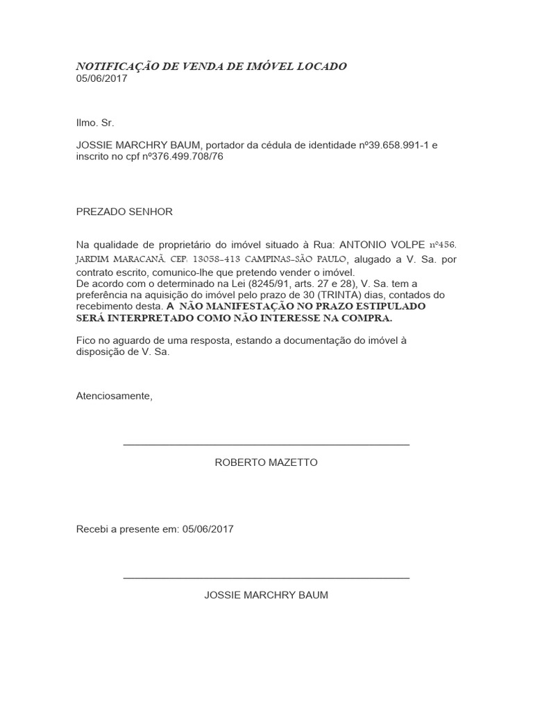 Notificação de Venda de Imóvel Locado | PDF
