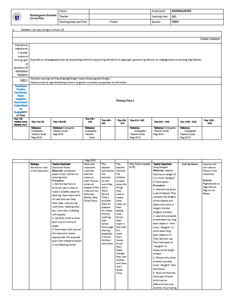 Kindergarten Weekly Lesson Plan | PDF | Teachers | Cognition